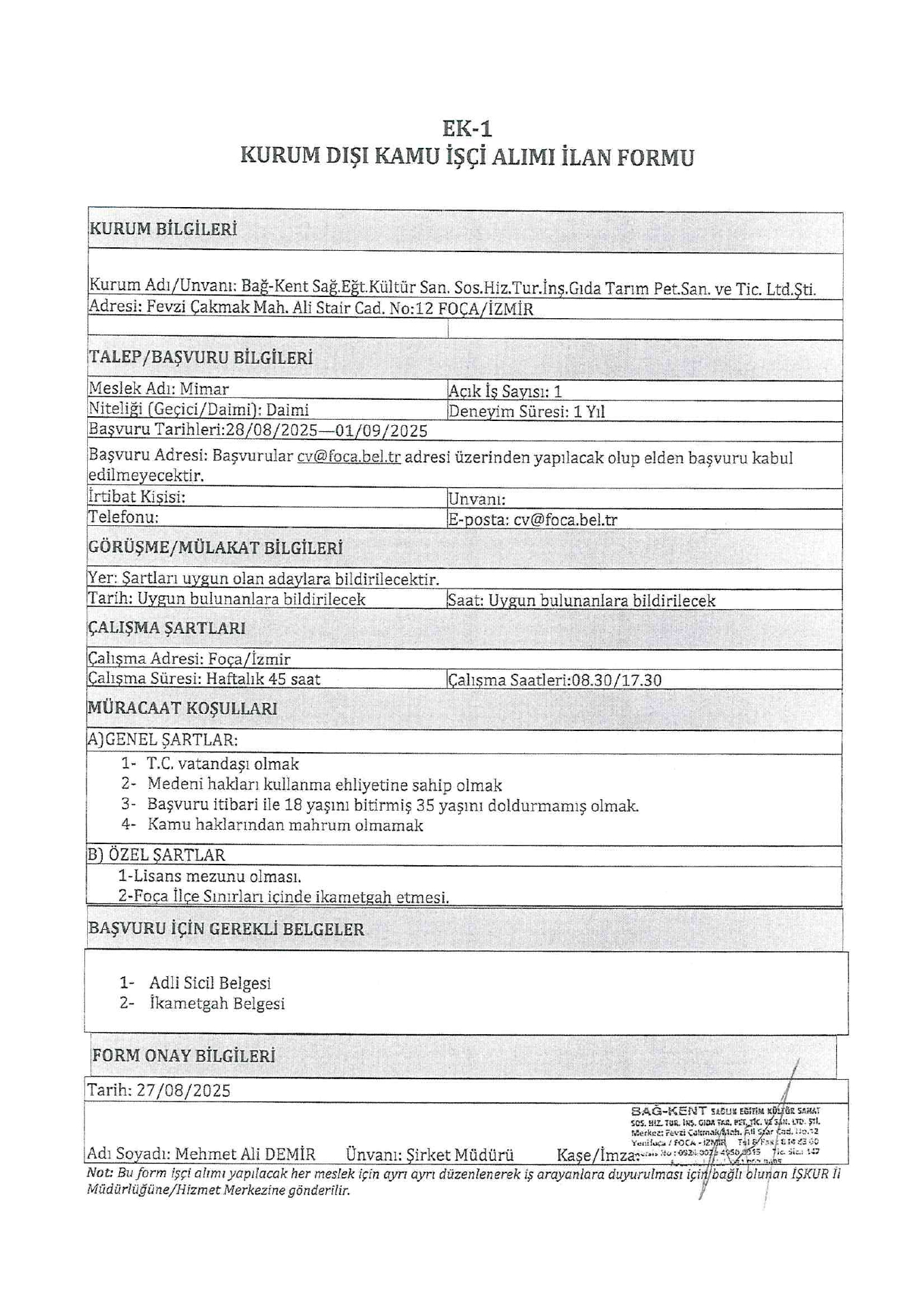 İzmir Foça Bağ-Kent 1 İşçi Alacak - Memurlar.Net