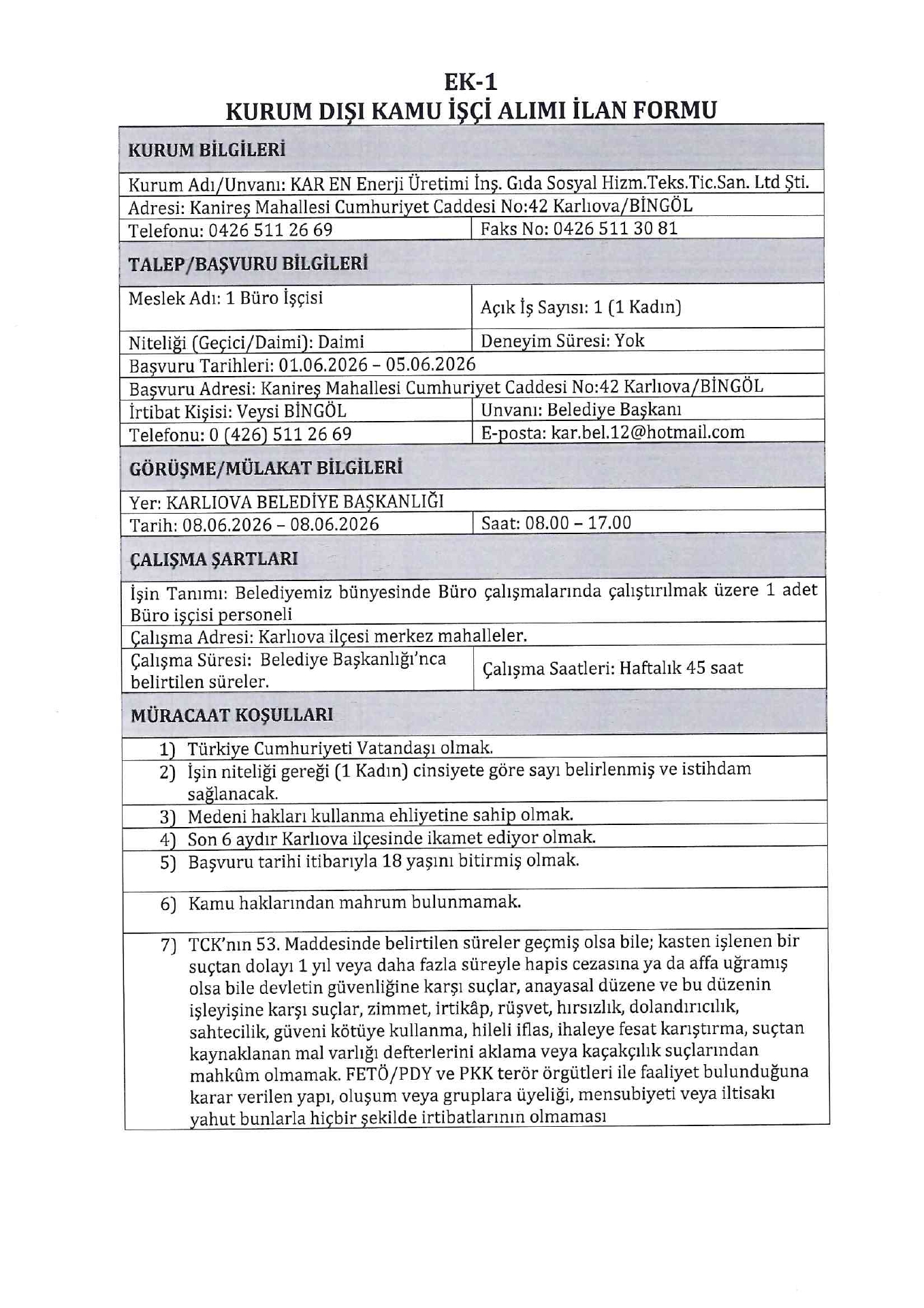 Bingöl Kar En Enerji 1 İşçi Alacak - Memurlar.Net